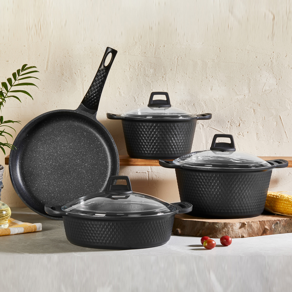 Gülsan Mina Kristal Granit Döküm Siyah 7 Parça Set | Şık ve Dayanıklı